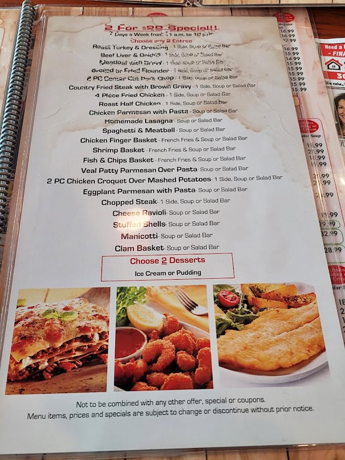 This menu isn't just a list&mdash;it's a roadmap to happiness. Two-for-one specials that include dessert? That's not a meal, that's a celebration.