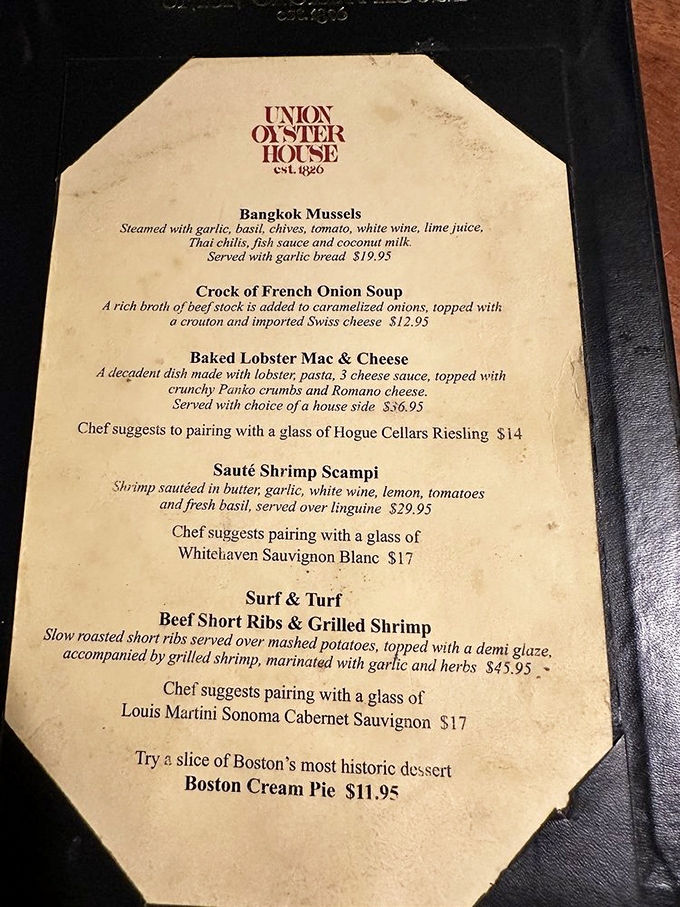 This isn't just a menu &ndash; it's a maritime treasure map where Bangkok Mussels share space with legendary Boston Cream Pie on parchment that feels appropriately aged.