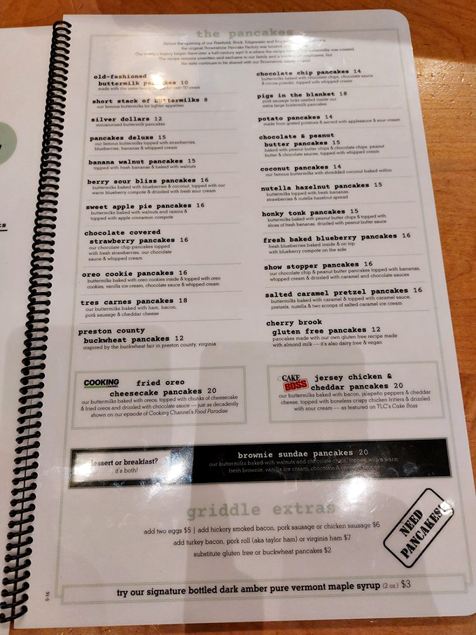 This spiral-bound menu isn't just a list&mdash;it's a manifesto of morning indulgence. From classic buttermilk to outrageous Oreo creations, choosing becomes life's hardest decision.