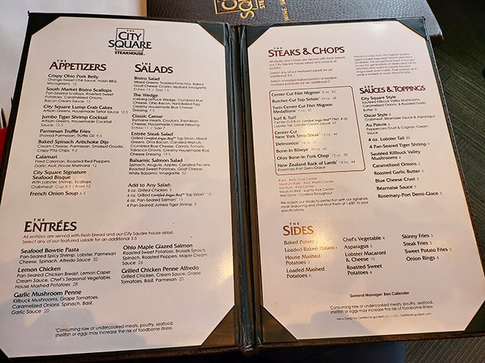 A menu that reads like poetry to carnivores. Notice how your eyes instinctively gravitate toward "Steaks & Chops."