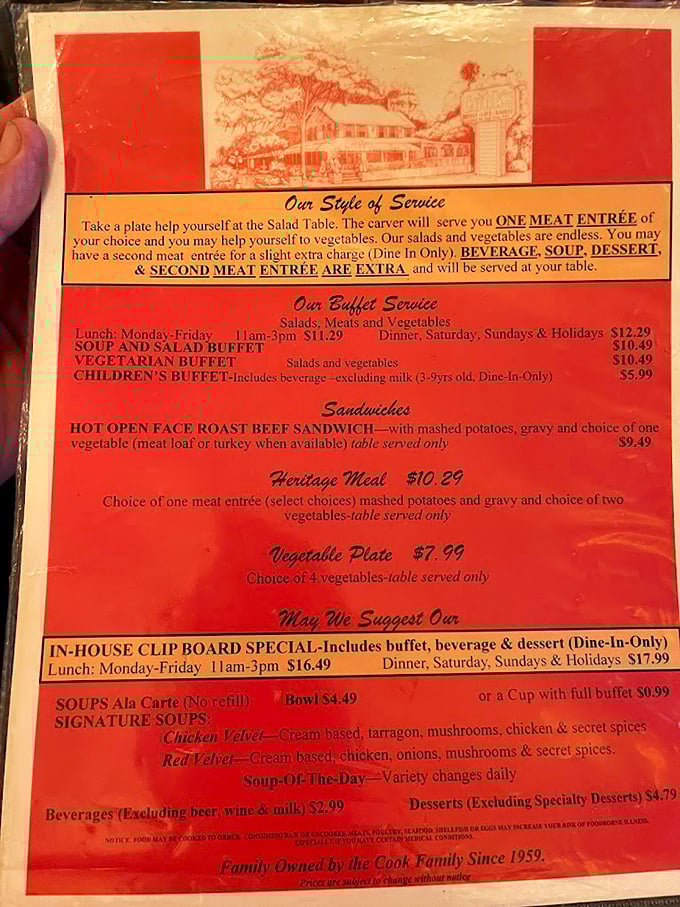 This menu isn't just a list—it's a roadmap to happiness. The "Our Style of Service" section reads like poetry to hungry souls.