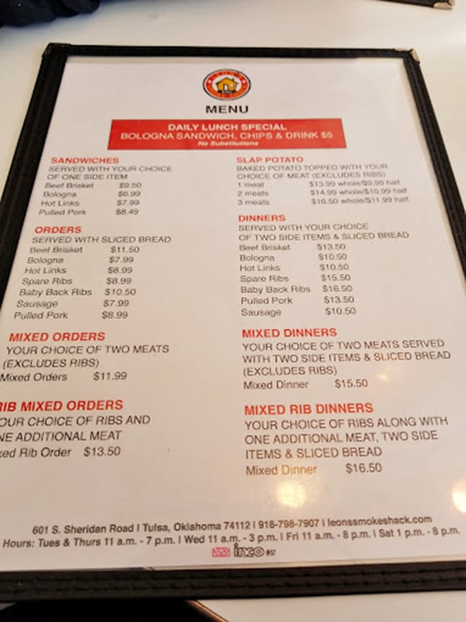 This menu isn't just a list of options&mdash;it's a roadmap to happiness. Notice how "bologna" gets equal billing with brisket? That's Oklahoma confidence.