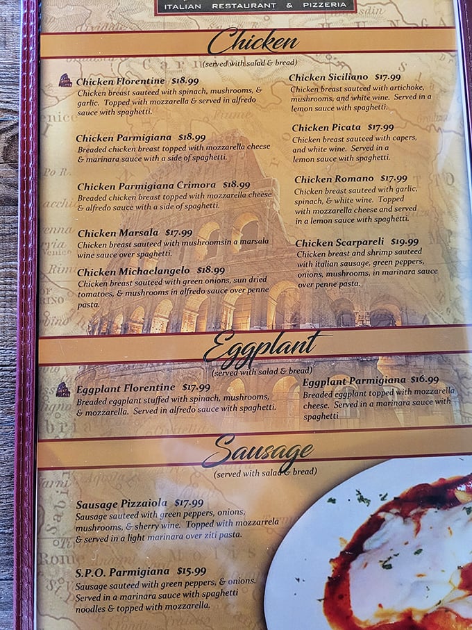 The menu reads like a love letter to Italian classics. Each description makes your stomach growl louder than your car when it needs an oil change.