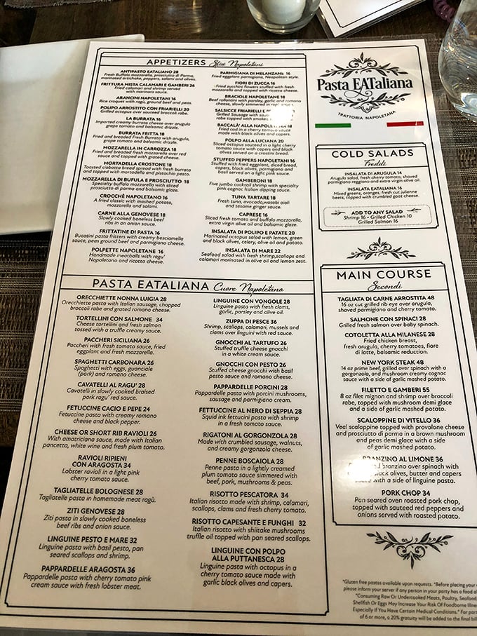 This menu isn't reading material&mdash;it's a roadmap to happiness. Each section promises a different kind of Italian bliss.