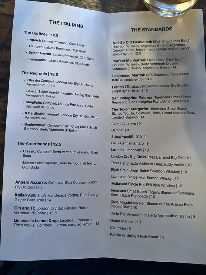 The cocktail menu reads like a love letter to Italian spirits, with enough options to make decision-making your evening's biggest challenge.