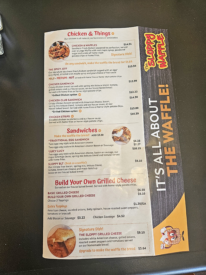The menu reads like a love letter to comfort food, where chicken meets waffle and breakfast flirts shamelessly with lunch.