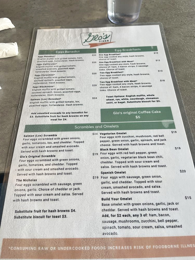 This menu isn't just a list&mdash;it's a roadmap to breakfast nirvana. The benedicts section alone could make a grown adult weep with anticipation.