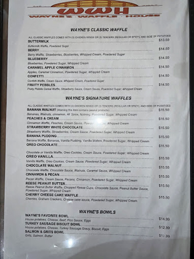 The menu reads like a love letter to waffle enthusiasts. Each description promises a unique journey through breakfast bliss. 