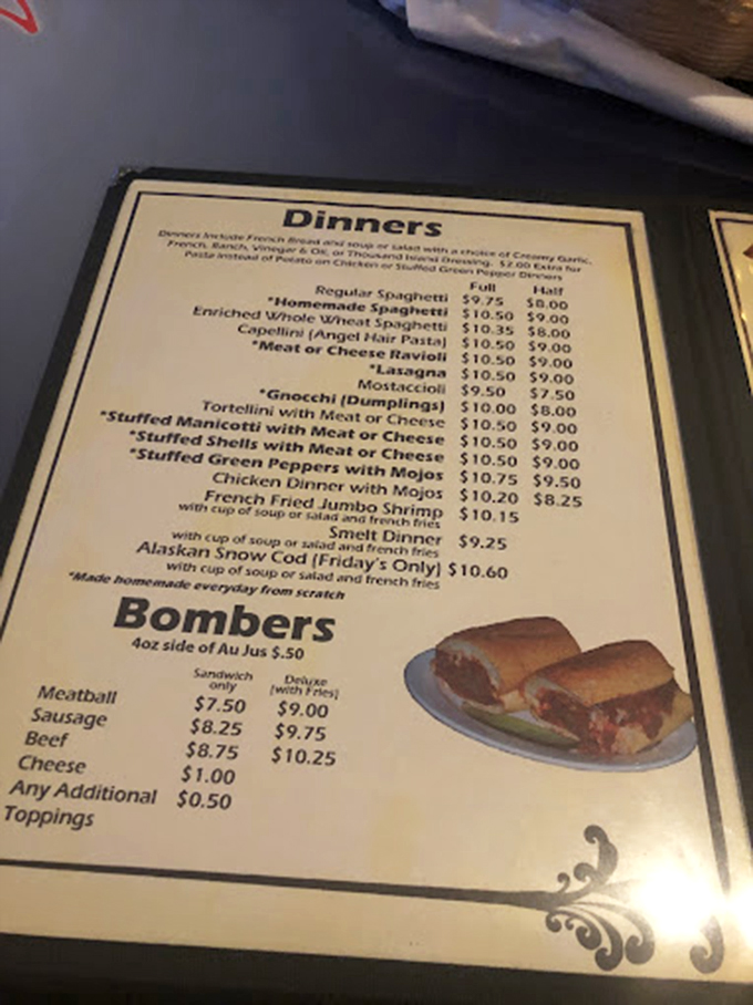 This menu isn't just a list of options; it's a roadmap to happiness where "Bombers" aren't threats but sandwich salvation.