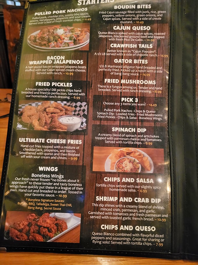 A menu that reads like a love letter to Southern comfort food with a Cajun twist. Decision paralysis has never been so delicious.
