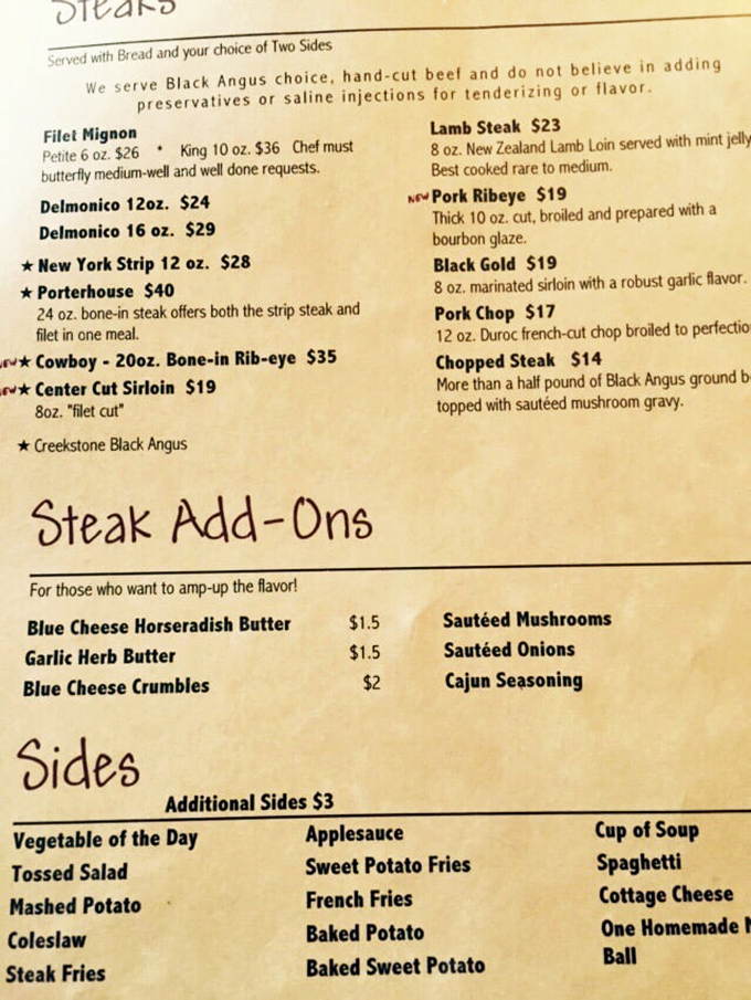 A menu that gets straight to the point: exceptional meat with no gimmicks. The Black Angus declaration is practically a mission statement.