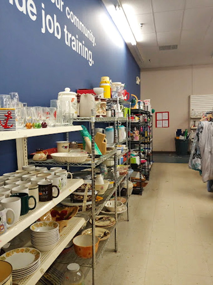 Mugs and dishware line the shelves like a ceramic timeline of American kitchens past, each piece waiting to tell new stories over morning coffee.