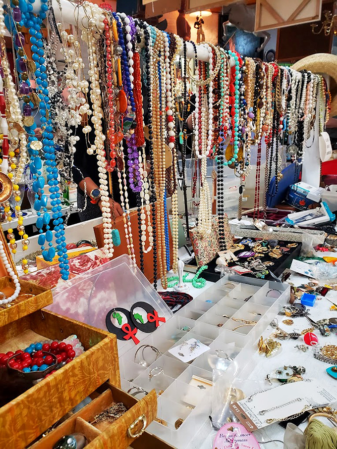 A rainbow of beaded treasures awaits new owners. Each necklace carries whispers of past celebrations, secret rendezvous, and glamorous evenings out.
