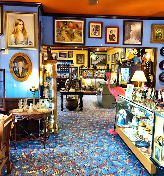 The blue walls serve as the perfect backdrop for this gallery of portraits. Those painted eyes follow you everywhere&mdash;I'm pretty sure that one just winked.