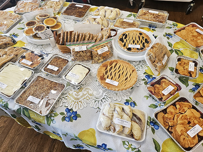 A treasure trove of homemade delights awaits on vintage tablecloths. This isn't Instagram food &ndash; it's the real deal that feeds your soul. 