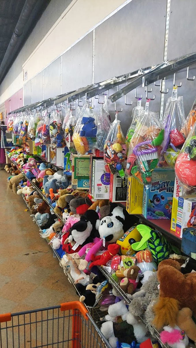 Stuffed animal heaven or toy story purgatory? These fuzzy friends wait patiently for second chances with new young companions.
