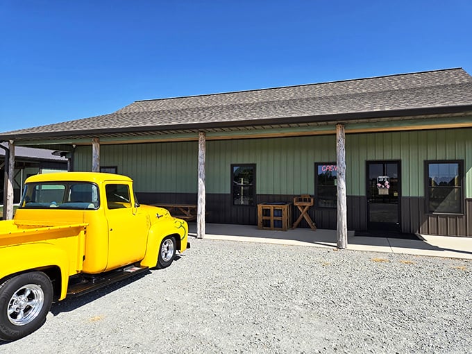 Modern meets traditional at this roadside stop. That yellow truck isn't delivering UberEats &ndash; it's bringing visitors to handcrafted treasures.