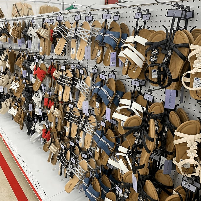 A sandal selection that rivals beach resorts, minus the resort prices. Every summer style imaginable hangs in perfect formation.