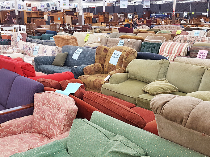The sofa section alone could furnish a small neighborhood, from mid-century modern stunners to plush comfort zones waiting for their Netflix-and-nap destiny.