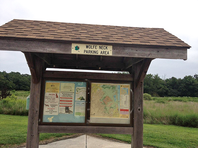 The Wolfe Neck trailhead&mdash;where adventures begin and parking is plentiful. Your gateway to Delaware's most scenic path awaits.