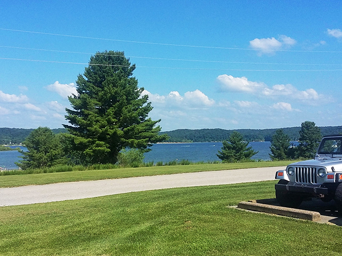 Lake Monroe's unofficial welcoming committee: towering pines standing like friendly giants against that impossibly blue Indiana sky.