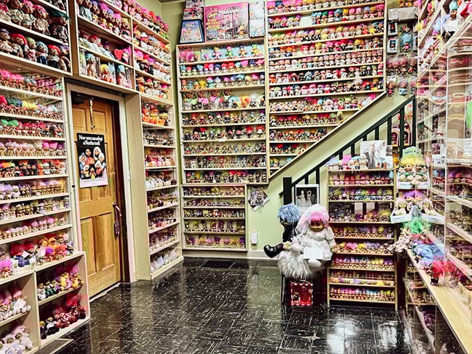 Floor-to-ceiling troll madness creates a kaleidoscopic fantasy world. The meticulously organized shelves showcase thousands of the iconic figures, from vintage classics to modern interpretations, like a living timeline of pop culture.
