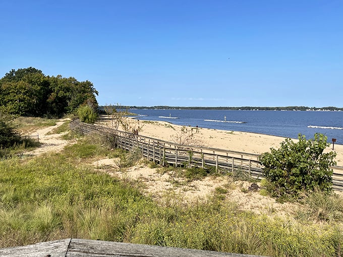 Nature's perfect balancing act: golden sands meet azure waters while wooden fences guide you toward Chesapeake Bay bliss.