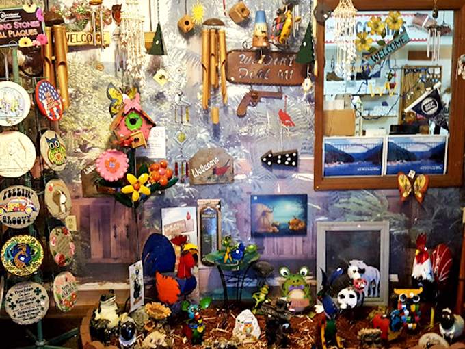 Wind chimes, welcome signs, and whimsical creatures create a symphony of mountain charm - like Appalachia's greatest hits album in visual form.