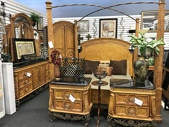 This ornate bedroom set isn't just furniture—it's someone's future heirloom waiting to be discovered, complete with the kind of craftsmanship rarely seen in today's particle-board world.
