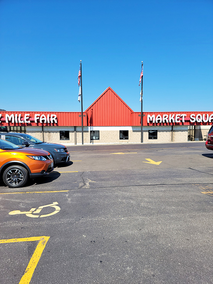 The iconic red building of 7 Mile Fair stands like a beacon for bargain hunters across Wisconsin.