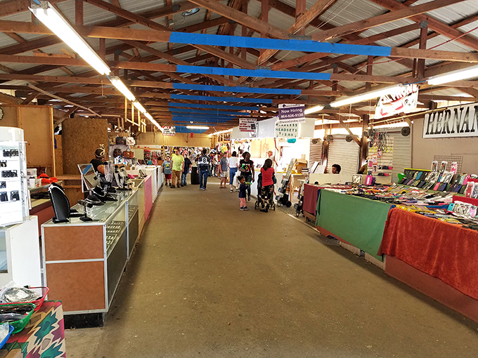 Wooden beams frame a retail universe at Anderson Jockey Lot, where clothing, crafts, and curiosities compete for your attention and wallet.