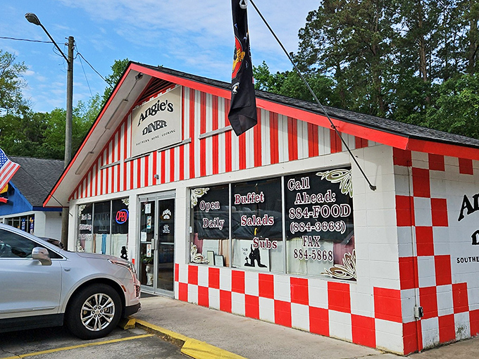 Angie's Diner brings the carnival to comfort food with its red-and-white checkerboard charm. Like your childhood picnic dreams grew up and started serving biscuits.