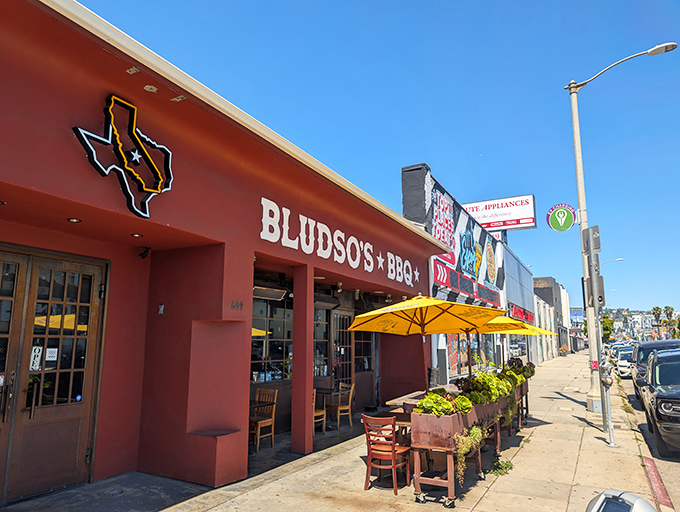 Bludso's Bar & Que: That striking red exterior is like a barbecue bat-signal for rib lovers across Los Angeles.
