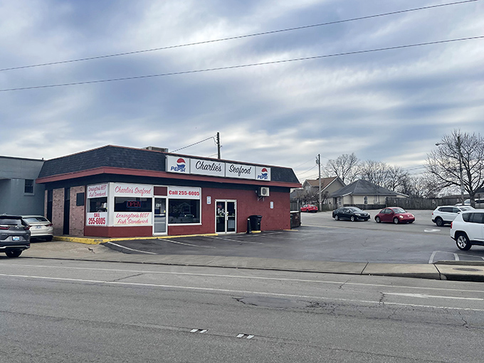 Charlie's bright red building stands out like a lighthouse for seafood lovers navigating the streets of Lexington.