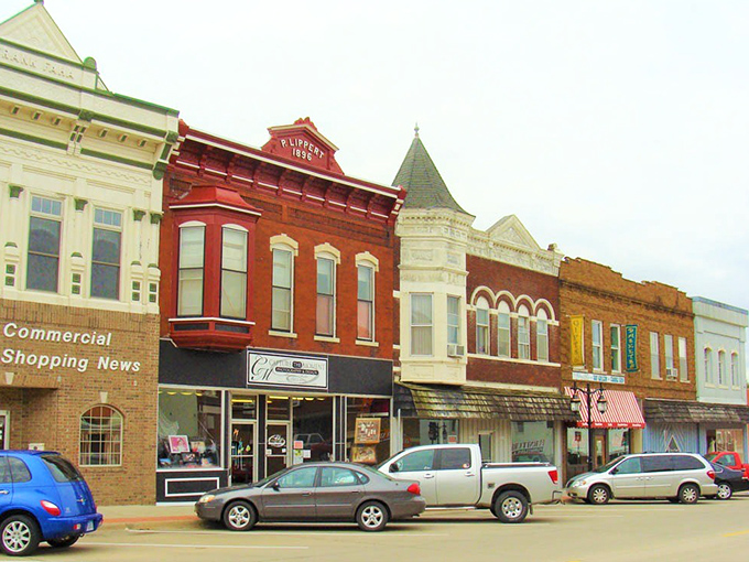 Dyersville's historic architecture stands proud against Iowa's blue skies, whispering stories from an era when buildings had personality.