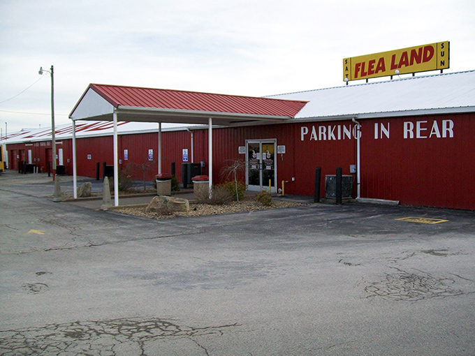 Red building, golden opportunities! Flea Land's distinctive exterior promises a day of discoveries that big box stores could never deliver.