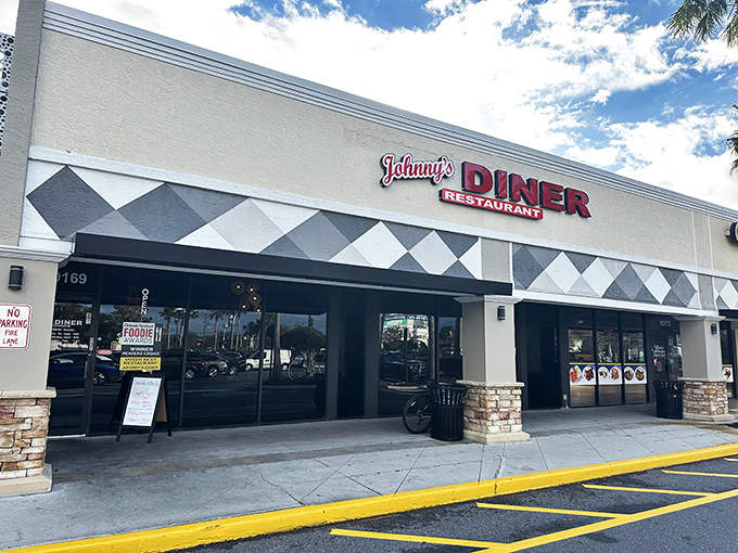 Johnny's Diner's classic black and white checkered trim promises the kind of breakfast that makes you forget about your diet plans.