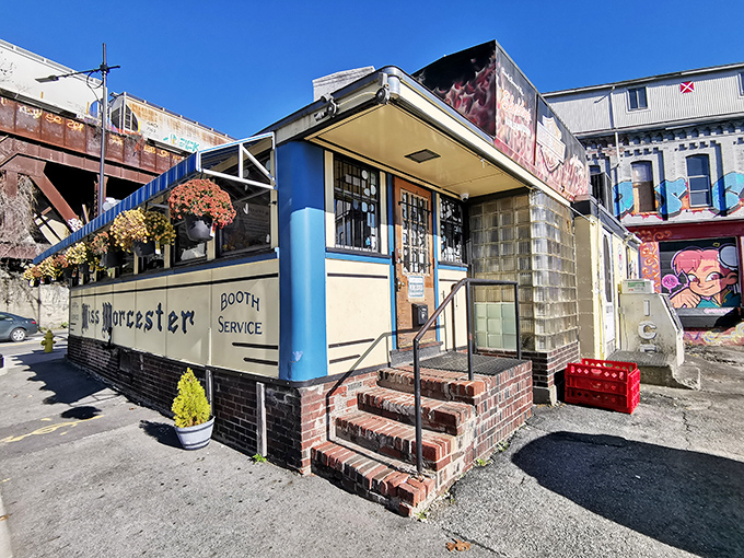 Miss Worcester stands proudly in her blue-trimmed glory, a testament to the days when diners were rolled into place and stayed forever.