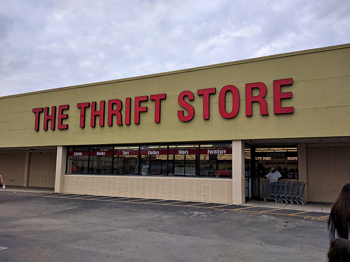 That bold red signage is like a beacon for deal-seekers&mdash;The Thrift Store keeps it simple and spectacular.