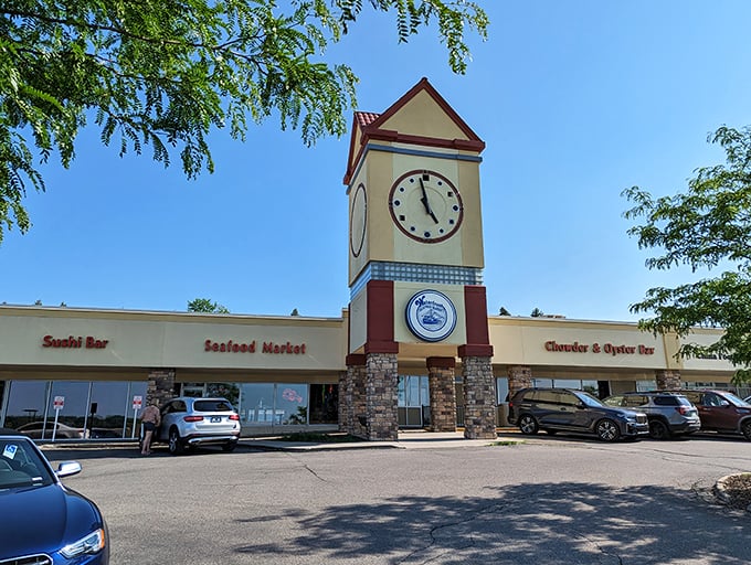 Waterfront's clock tower stands as a timely reminder that it's always the right hour for fresh seafood in West Des Moines.