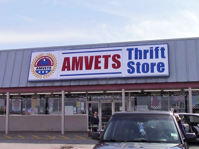 The American flag flies proudly above this veteran-supporting thrift haven, where every purchase tells a different story.