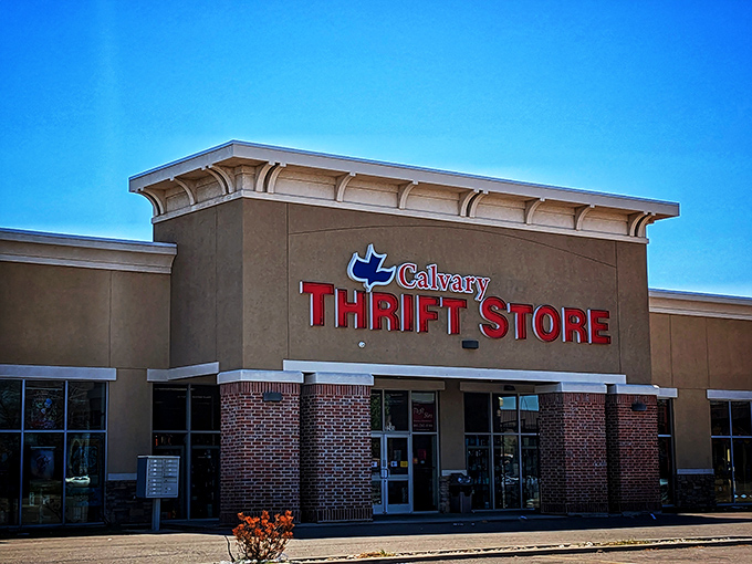 Sunlight bathes Calvary Thrift's brick facade &ndash; a humble exterior that belies the treasure trove waiting inside.