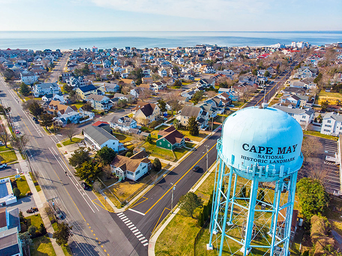 Cape May: That iconic water tower watches over a town where history and beach life dance together beautifully.