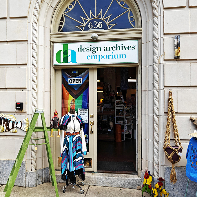 That gorgeous arched doorway leads to a wonderland of vintage treasures. Like walking through a portal to stylish yesteryears!