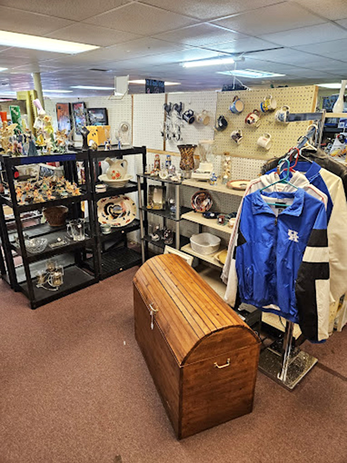 Vintage glassware meets Kentucky pride in this corner of Dixie Treasure. The wooden chest isn't merchandise&mdash;it's a metaphor.