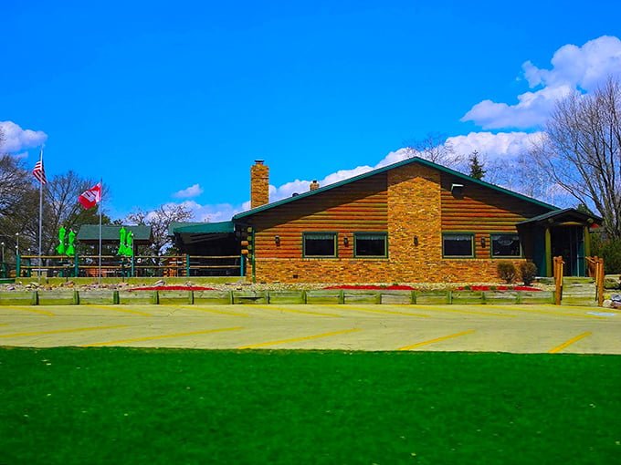 Fish Tales: Log cabin vibes and blue skies&mdash;this place screams "northwoods getaway." The kind of spot where flannel feels right at home.