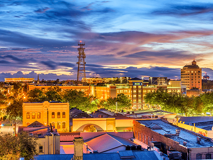 Gainesville's skyline at sunset &ndash; when the university town transforms from academic hub to a canvas of golden light and possibility.