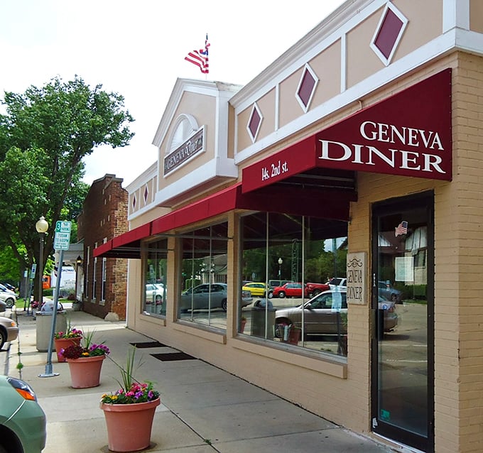 Red awnings and American flags welcome hungry visitors to Geneva Diner. Norman Rockwell would feel right at home here.