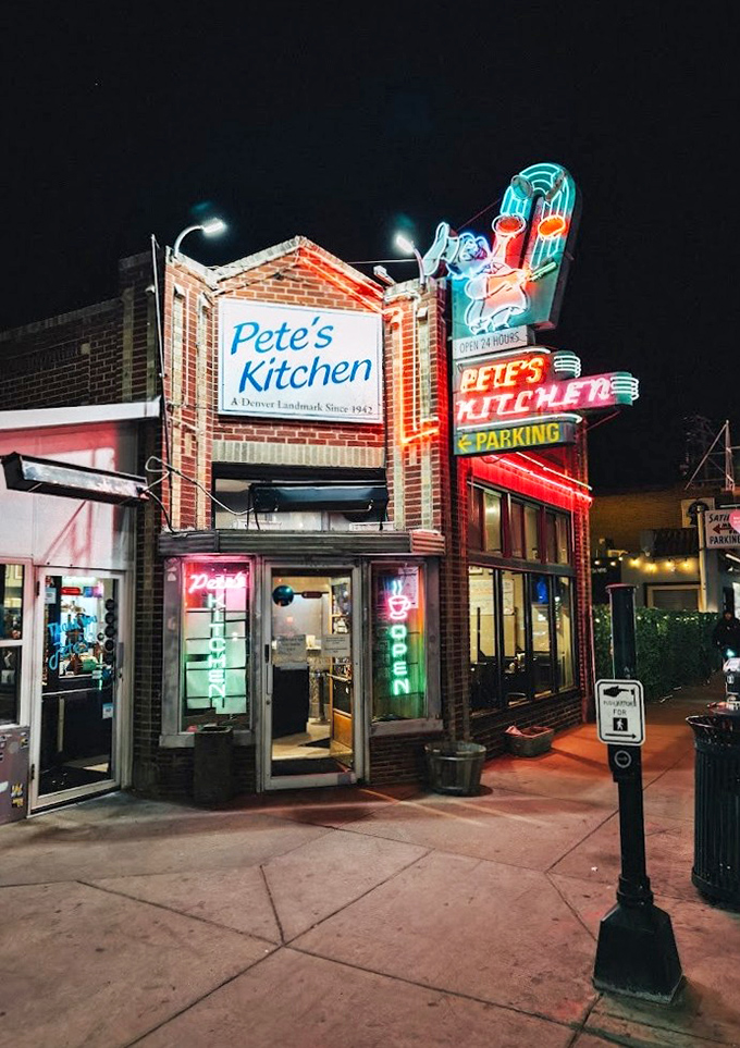 By night, Pete's Kitchen glows like a lighthouse guiding hungry ships to safe harbor on Colfax Avenue.