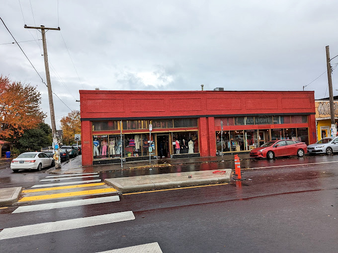 Red Light on a rainy Portland day&mdash;where vintage clothing dreams come true. Even the weather can't dampen the thrill of finding that perfect retro piece!